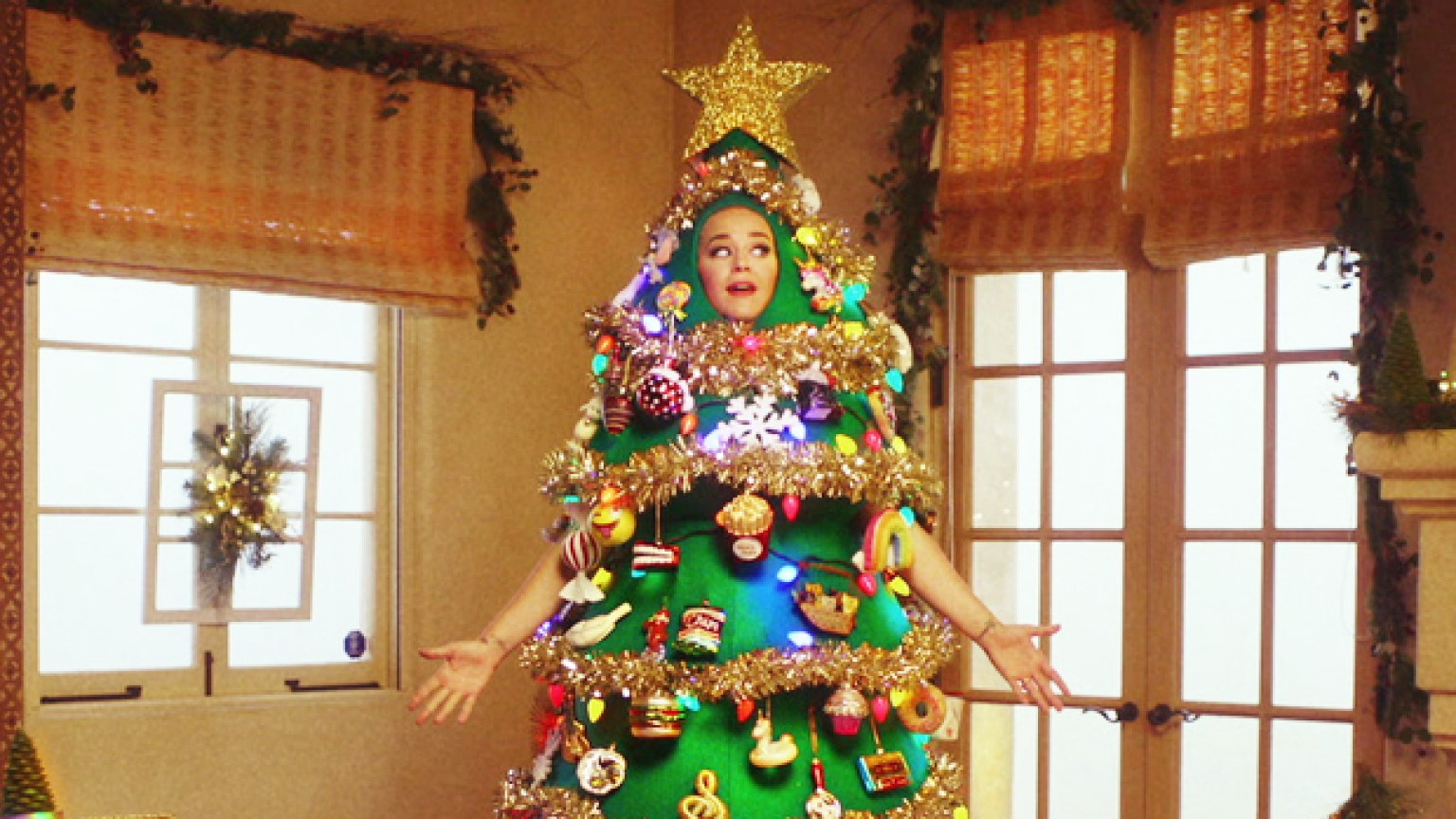 Katy Perry Rocks Christmas Tree Costume In ‘Disney Holiday Singalong ...